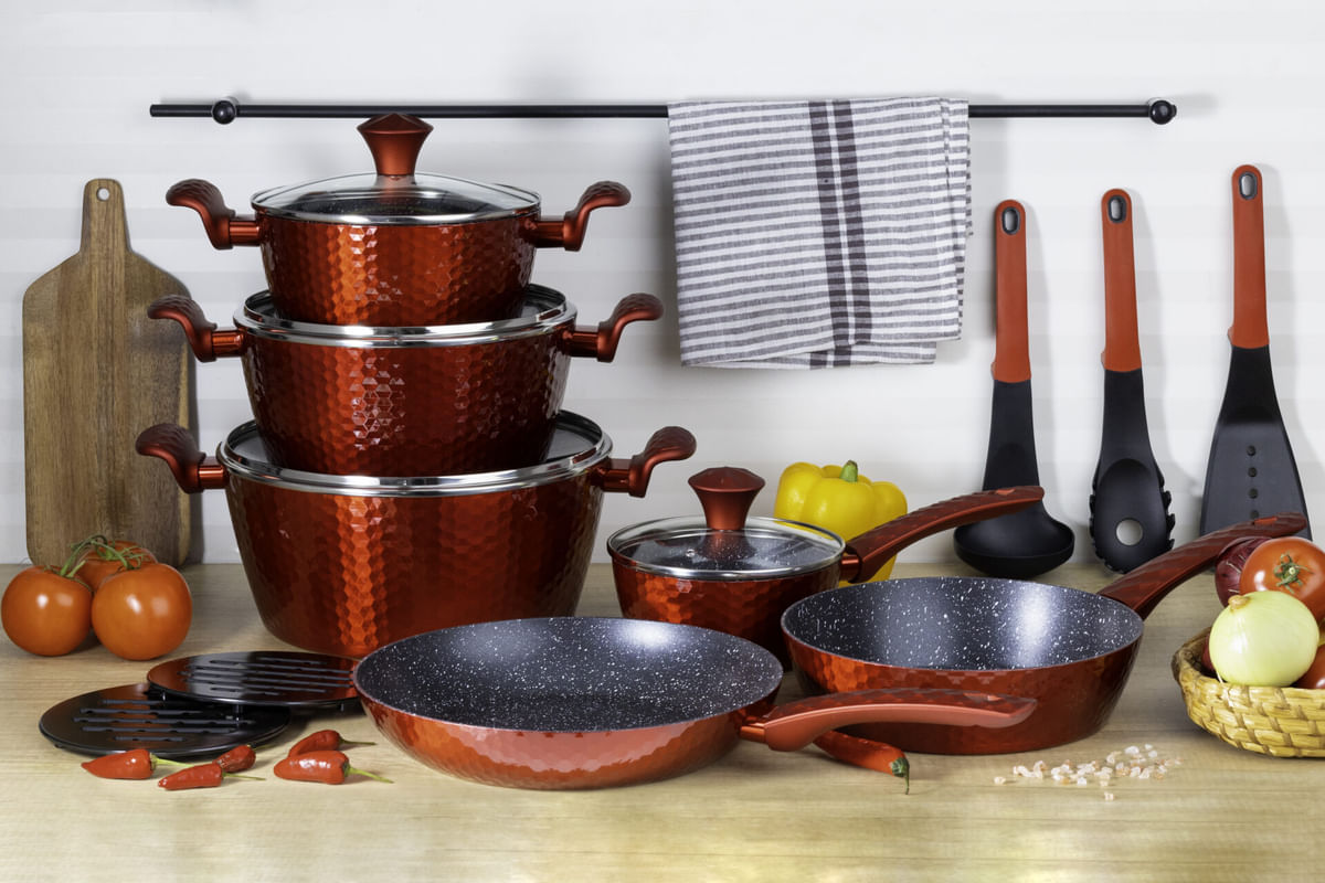 EDENBERG 15 Piece Red Hexagon Design Forged Cookware Set| Stove Top