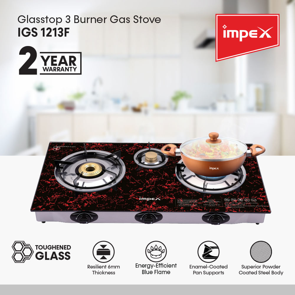 Impex IGS 1213F 3 Burners Glass Top Gas Stove with Toughened Glass Top
