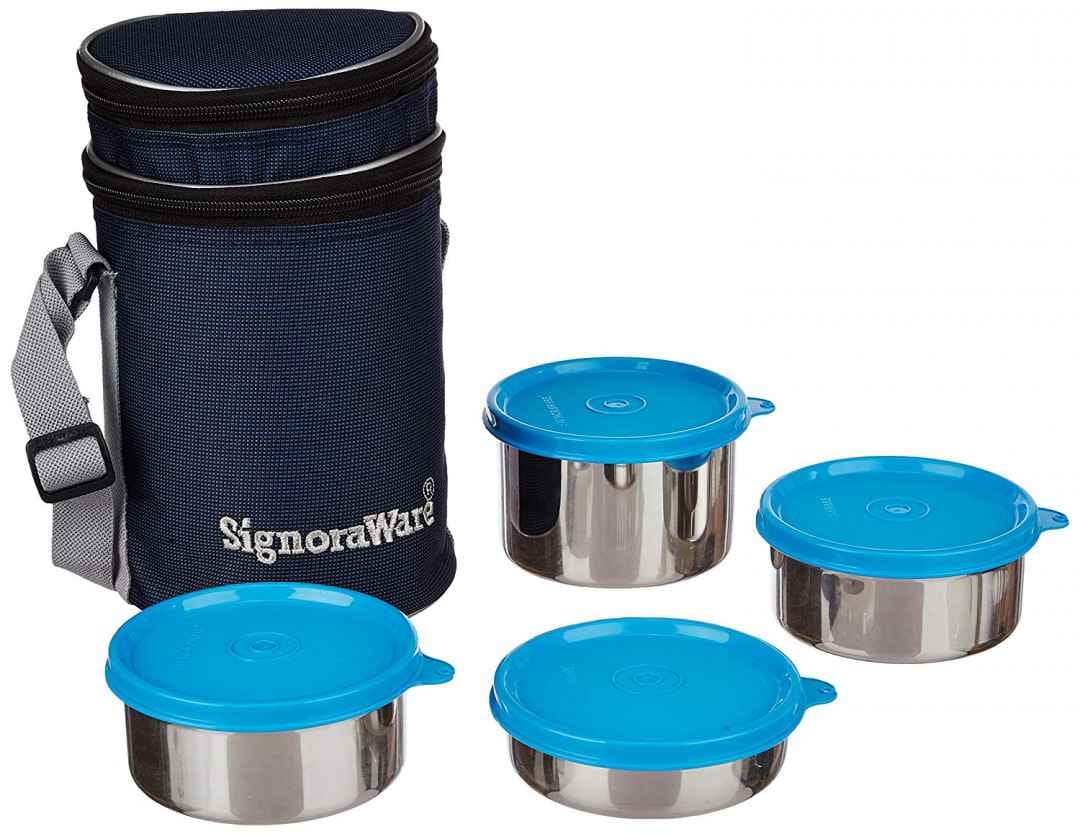 Signoraware Executive Stainless Steel Lunch Box Set, Set of 4, Blue