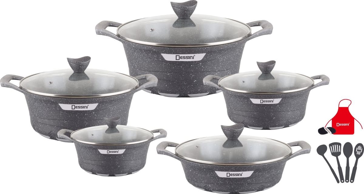 Dessini Granite Cookware Set 17 Pcs with Kitchen Grey