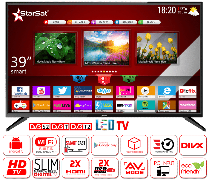StarSat 39" HD Smart LED TV, Slim bezel design, 2xHDMI and 2xUSB Ports ...
