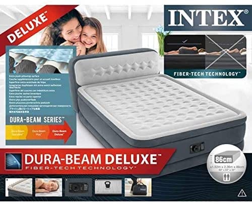 Intex 64448 King-Size Inflatable Mattress Airbed With Headboard Ultra Plush - White and Grey.