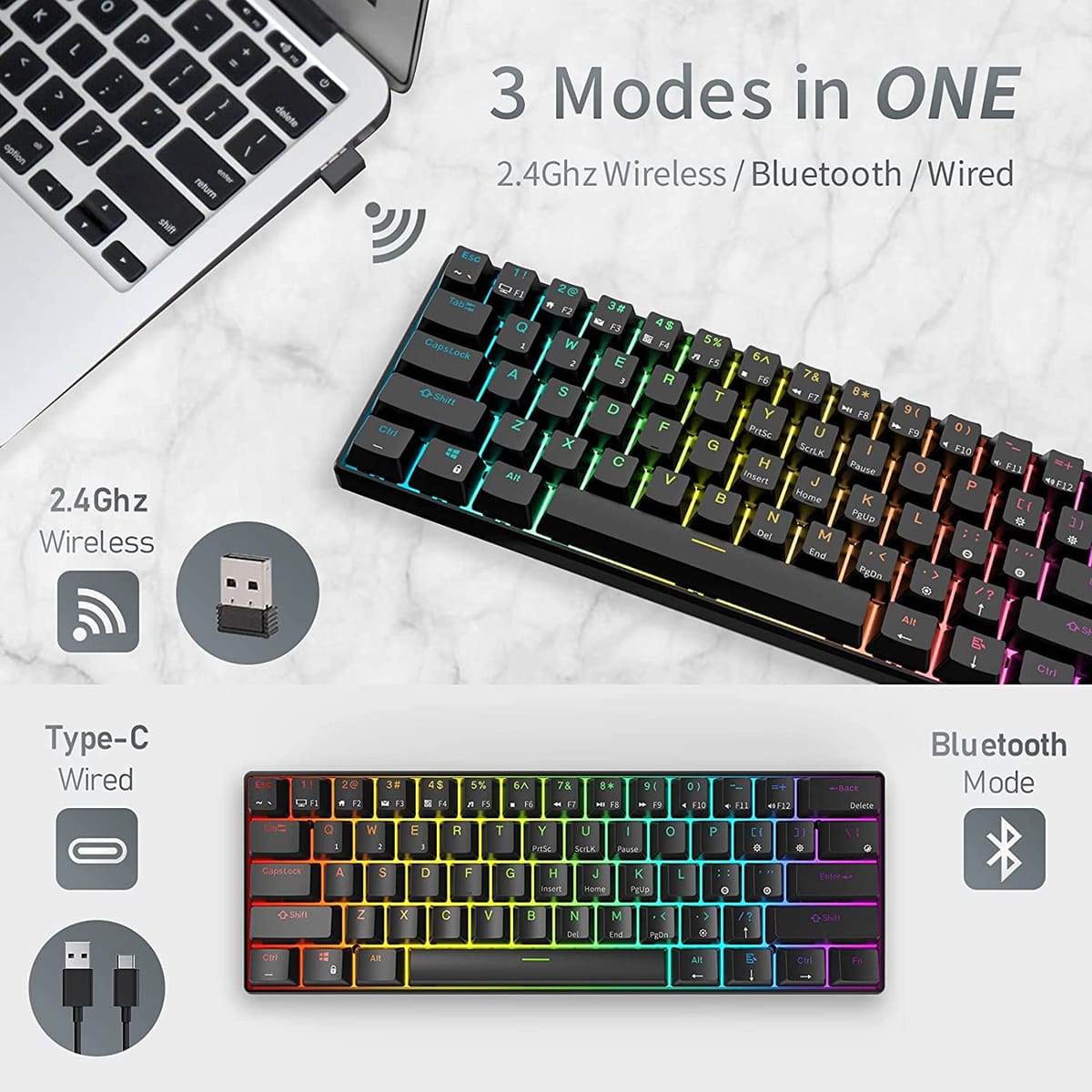 Rk Royal Kludge Rk61 2.4Ghz Wireless/Bluetooth/Wired 60% Mechanical ...