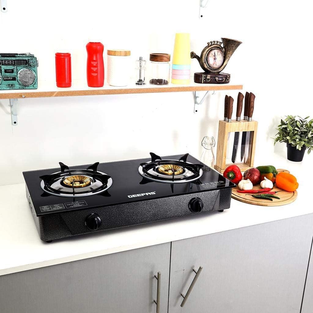 Geepas Tempered Glass Double Burner Gas Cooker-black