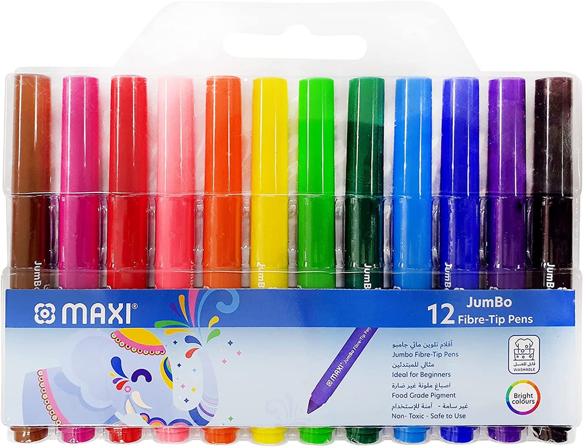 MAXI Jumbo Washable Felt-Tip Pens 12 Color In A Wallet,Washable Ink On ...