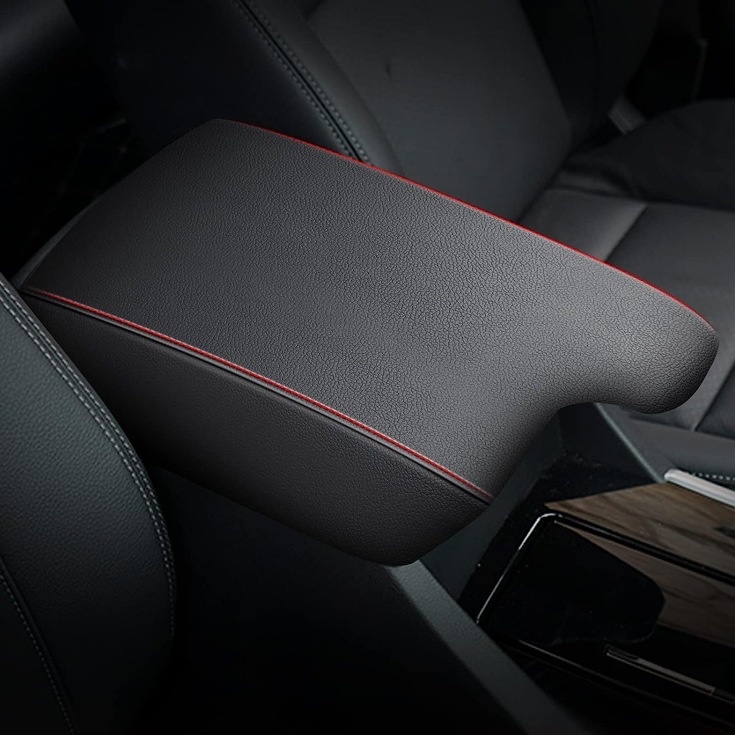AOMSAZTO Leather Center Console Armrest Cover for Honda Accord 2013 2017 Black with Red Stiches