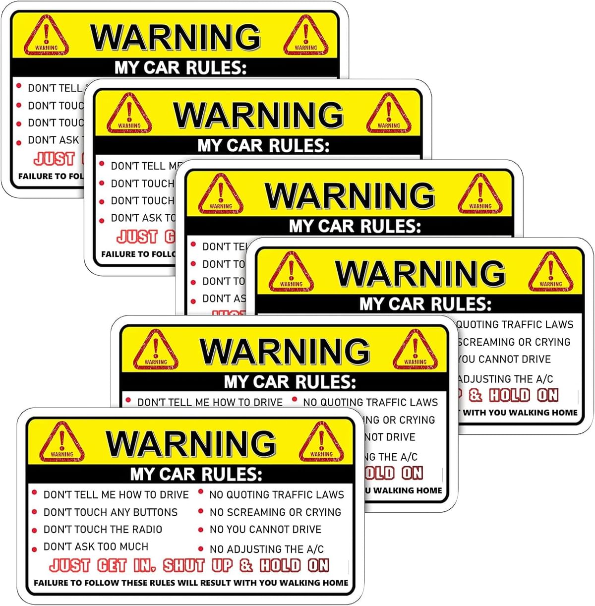 6 Pieces Funny Car Safety Warning Rules Stickers Adhesive Vinyl for