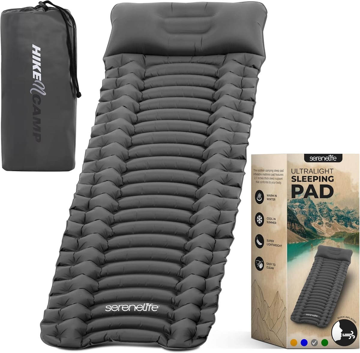 SereneLife Backpacking Air Mattress Sleeping Pad, Gray, One