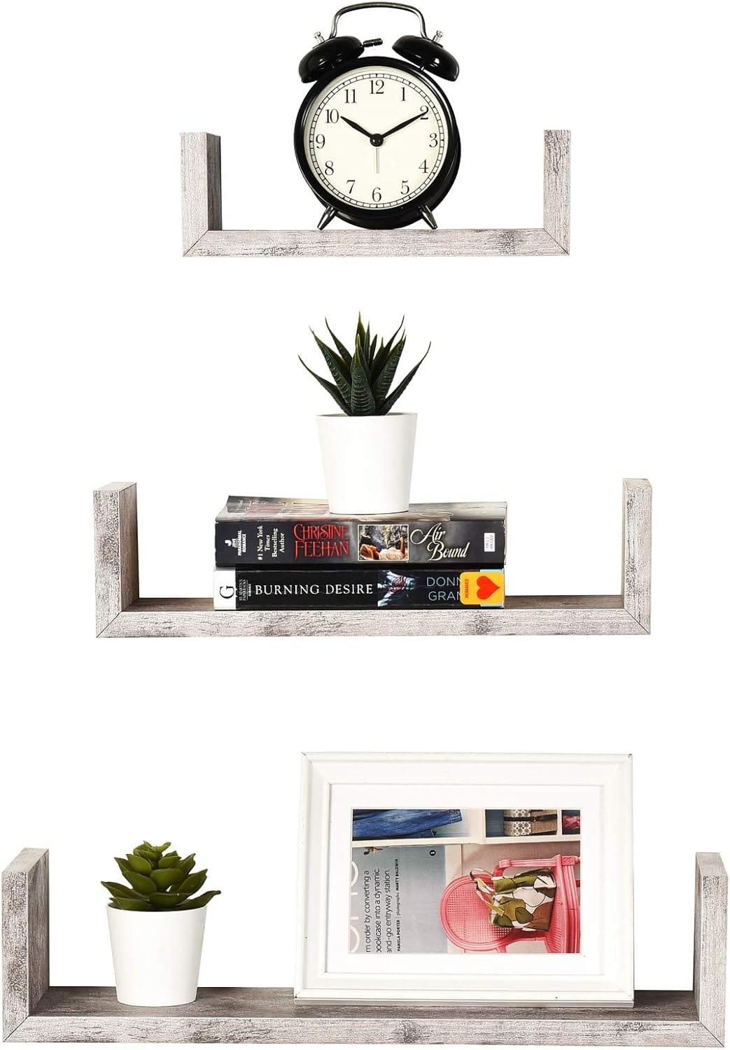 BPA® Set of 3 Floating U Shelves, Decorative, Rustic White Finish.