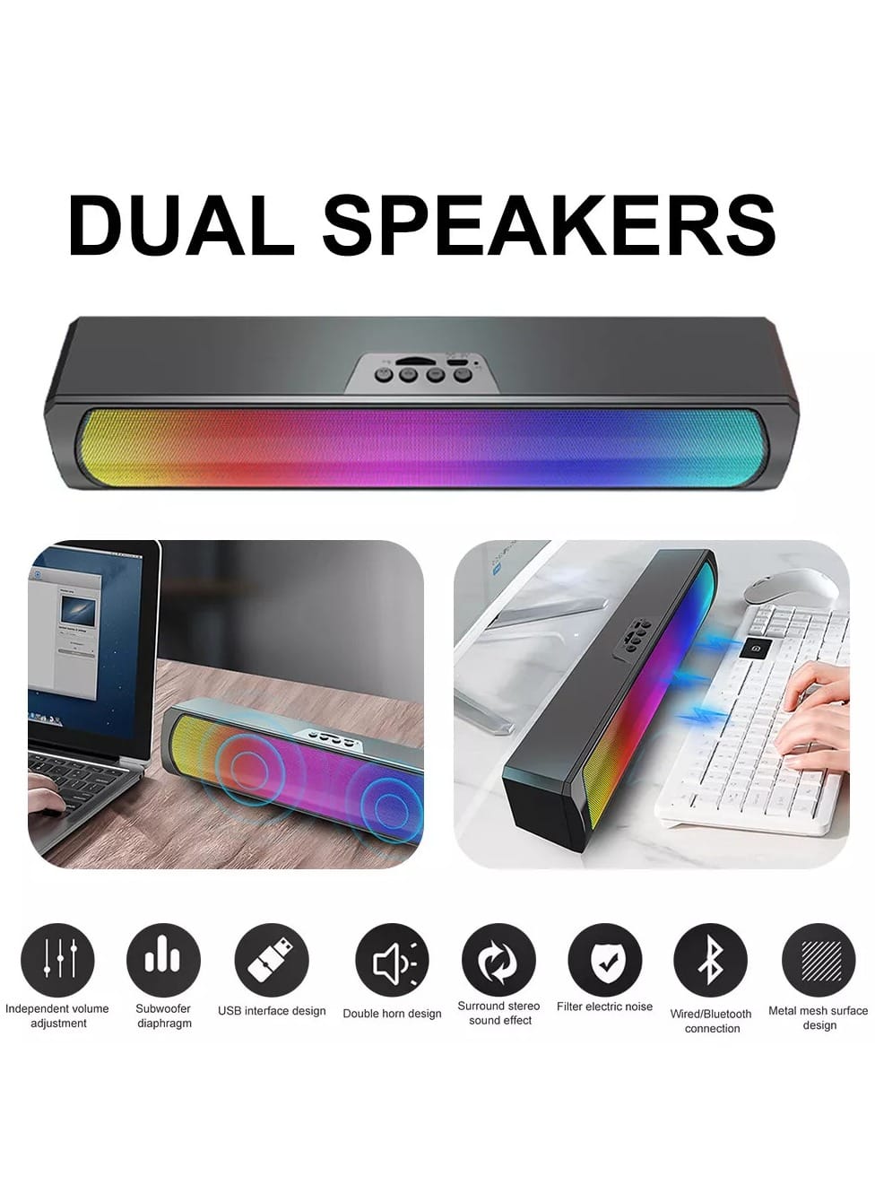 Multi-Color Gradient Soundbar | Compact Audio Solution for Your Space